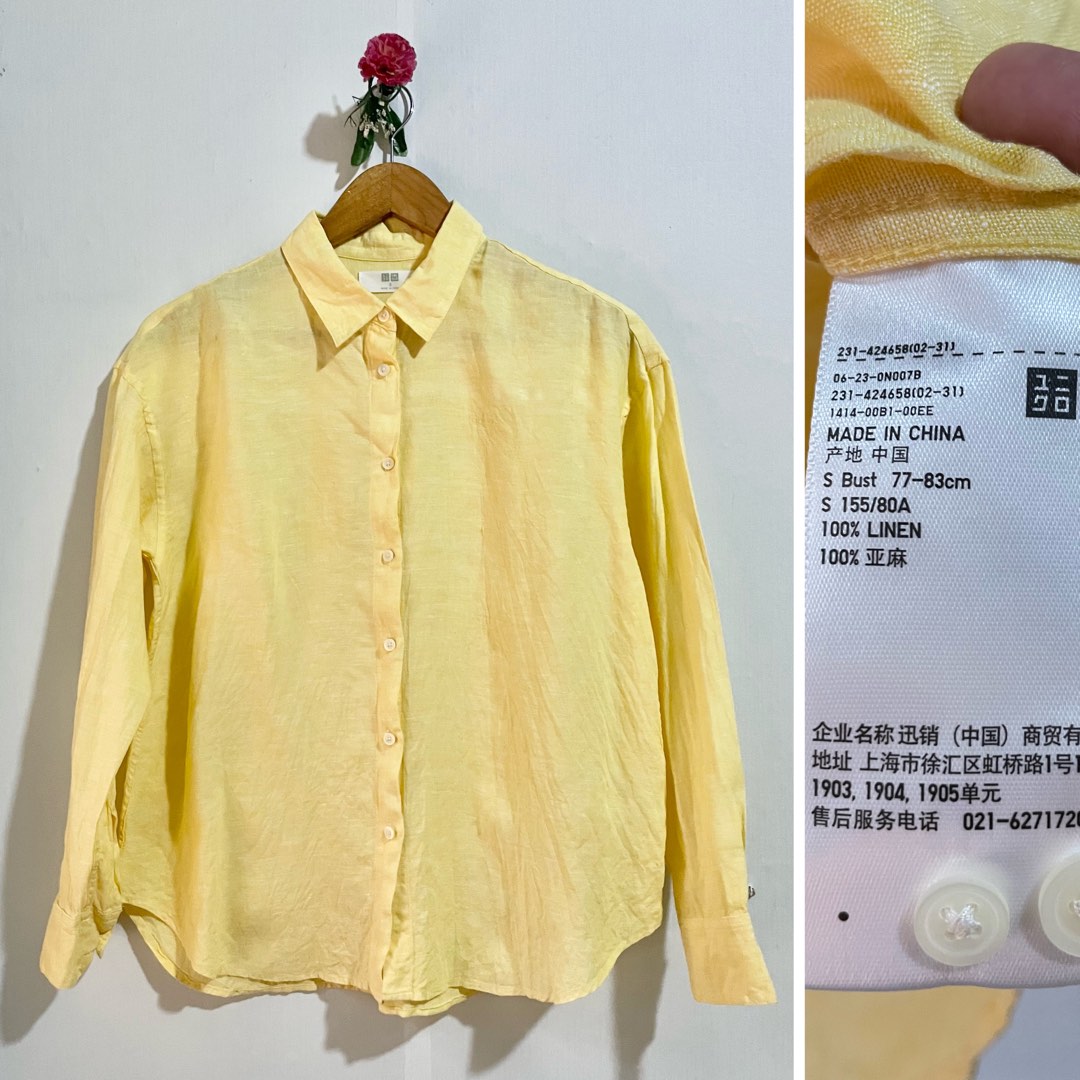Uniqlo Pastel Yellow linen button down top, Women's Fashion, Tops ...