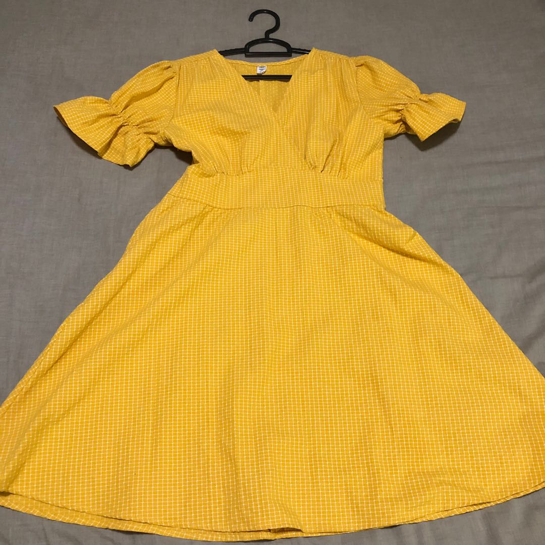Cute Yellow Dress Puff Sleeve V Neck Womens Fashion Dresses And Sets