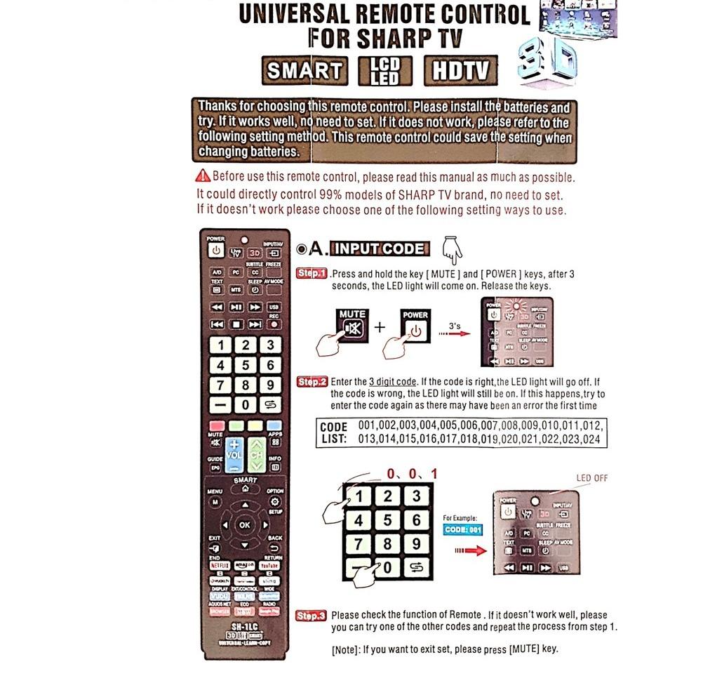 SHARP TV Remote Control Universal Plug & Play for all LCD LED TV Remote ...