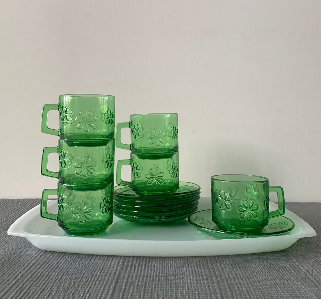 VERECO green glass cups + saucers, Furniture & Home Living, Kitchenware ...