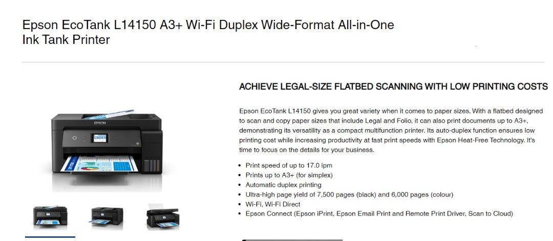 Epson EcoTank L14150 A3+ Wi-Fi Duplex Wide-Format All-in-One Ink Tank ...