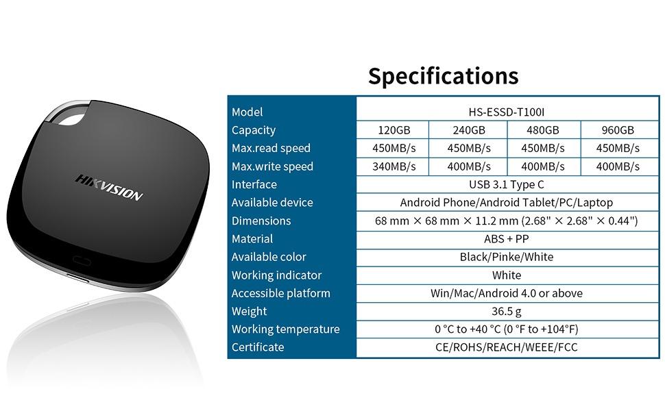Hikvision / Hiksemi T100I 1TB Portable SSD USB 3.1 Type C External ...