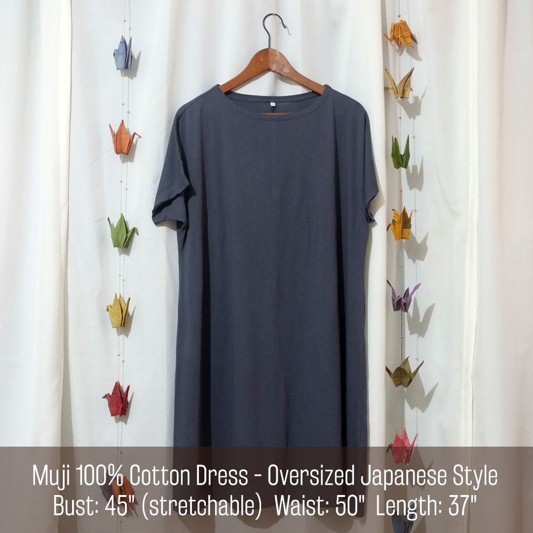 Muji 100% Cotton Dress Navy Blue Midi Branded Preloved Japanese Style Minimalist Oversize Plus ...