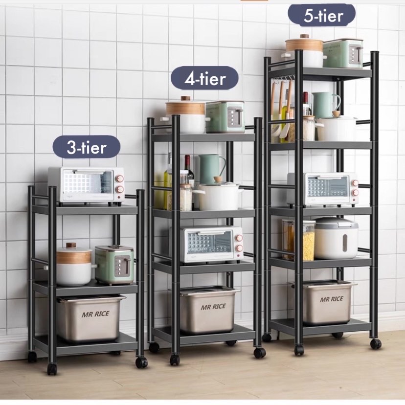 Multi-Tier Movable Kitchen Trolley Storage Rack Space-Saving in Black ...