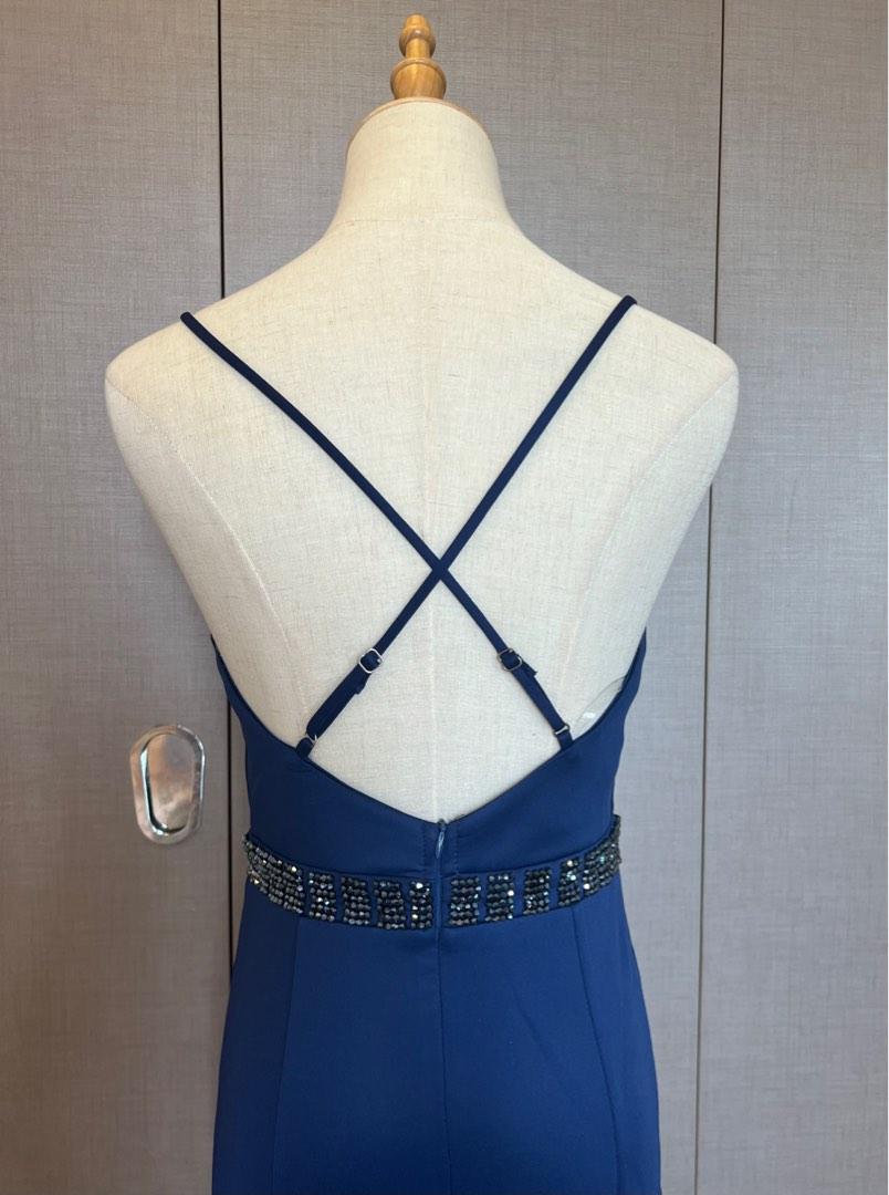 V halter neck premium satin evening gown with beads embroidery in Navy Blue (7002), Women's ...