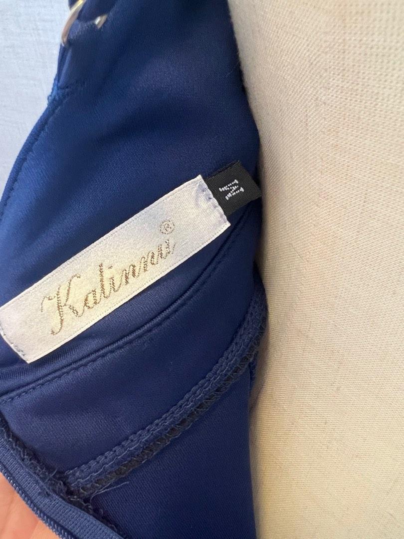 V halter neck premium satin evening gown with beads embroidery in Navy Blue (7002), Women's ...