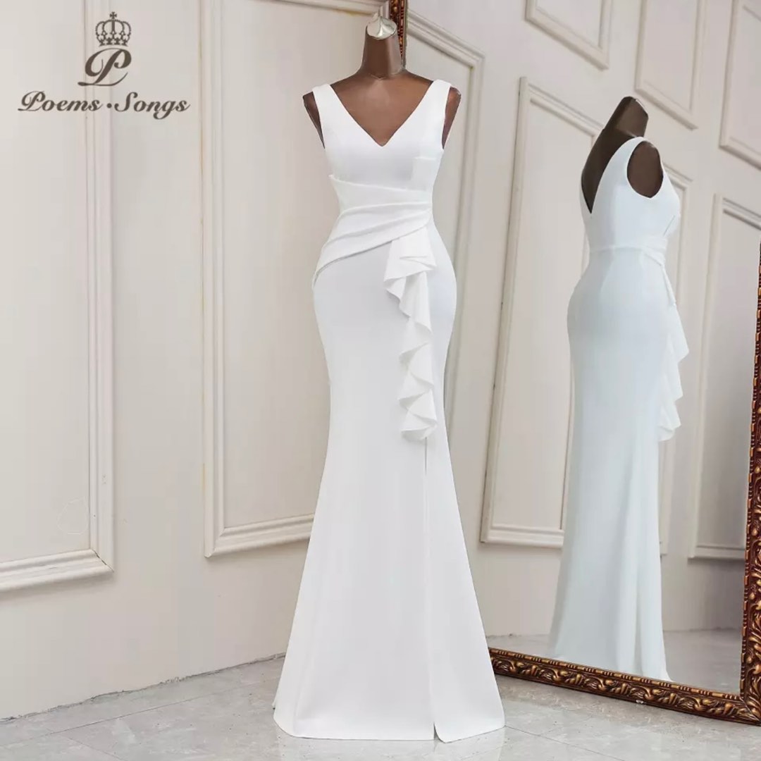 V neck simple satin wedding / evening gown (7003), Women's Fashion, Dresses & Sets, Evening ...