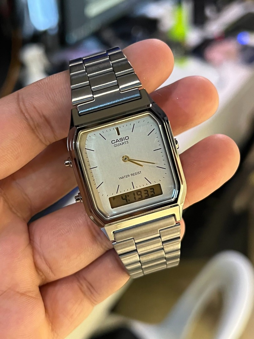 CASIO Analog Digital Gray Stainless Steel Unisex Watch ( Gold Dial ) AQ ...