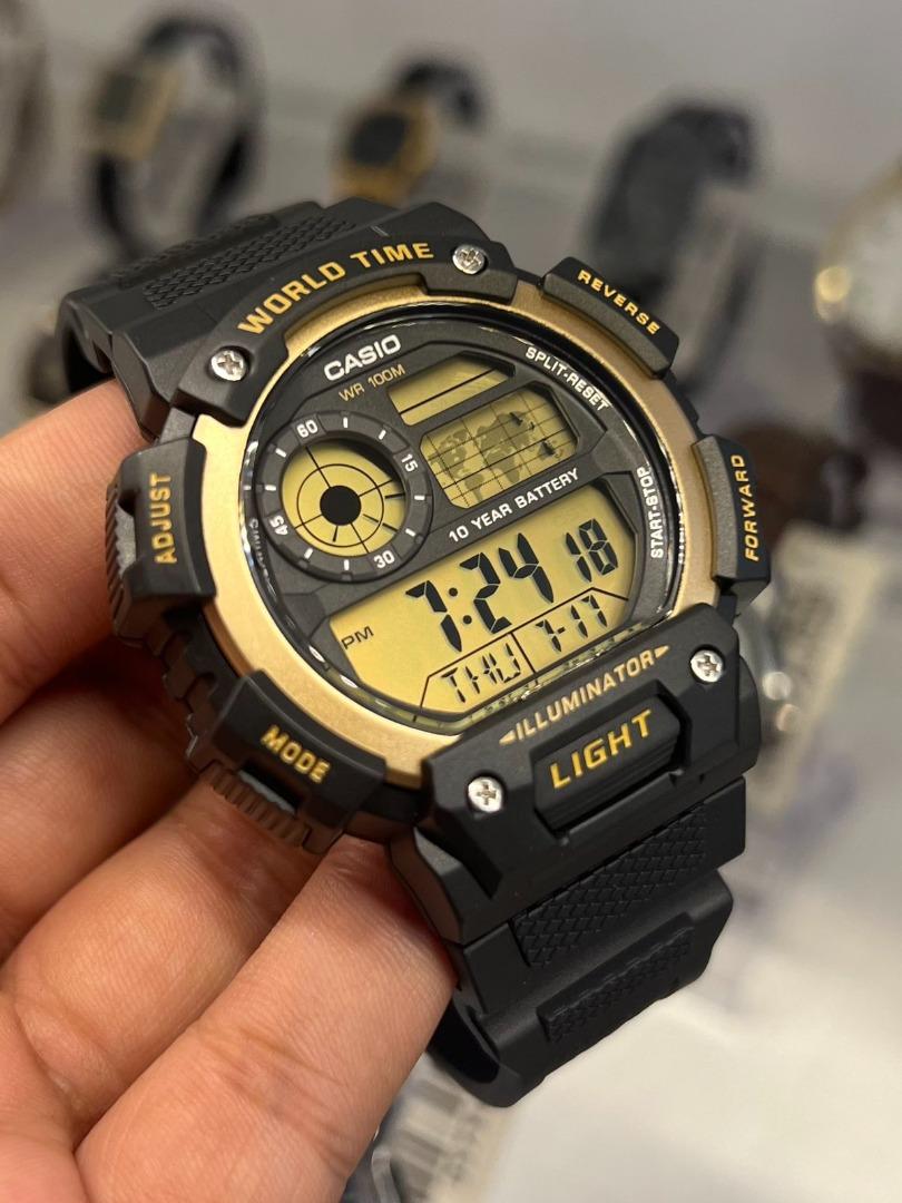 CASIO World Time Digital Black Resin Band Men's Watch ( Gold Dial ) AE-1400WH-9AV, Men's Fashion ...