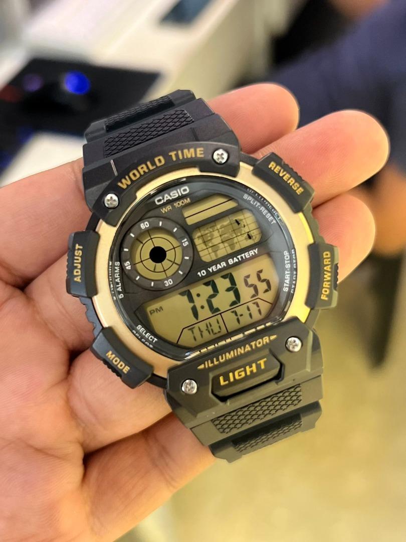 CASIO World Time Digital Black Resin Band Men's Watch ( Gold Dial ) AE-1400WH-9AV, Men's Fashion ...