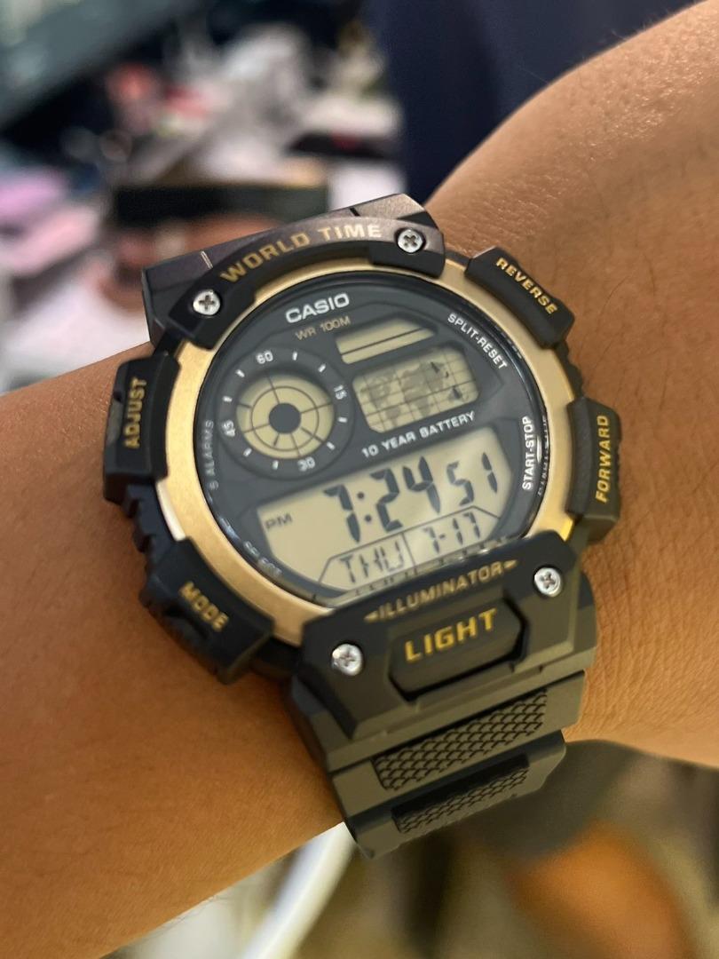 CASIO World Time Digital Black Resin Band Men's Watch ( Gold Dial ) AE-1400WH-9AV, Men's Fashion ...