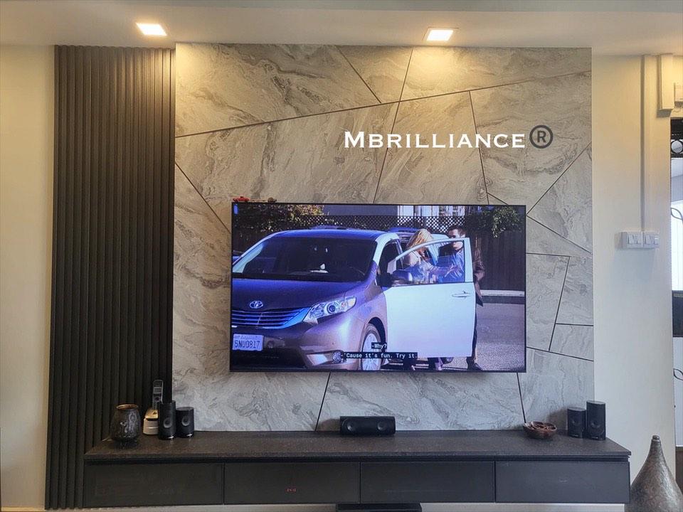 Fluted panel feature wall tv console with stainless steel lining strips ...