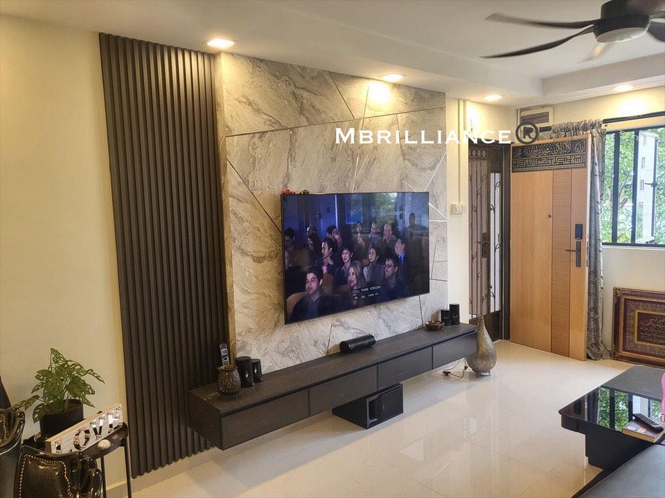 Fluted panel feature wall tv console with stainless steel lining strips ...