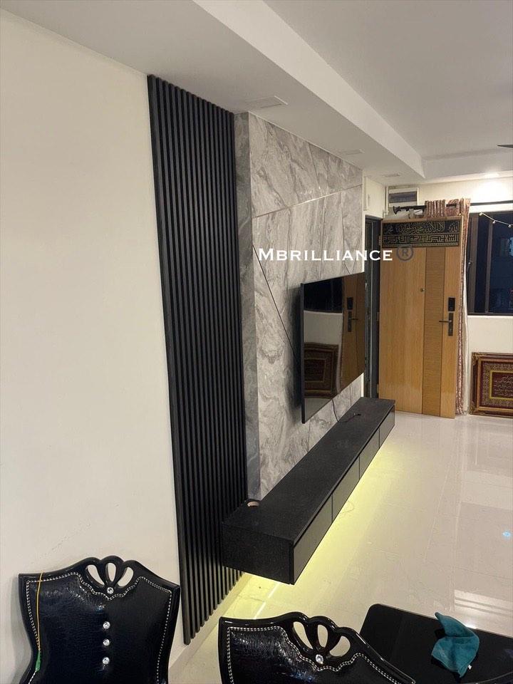 Fluted panel feature wall tv console with stainless steel lining strips ...