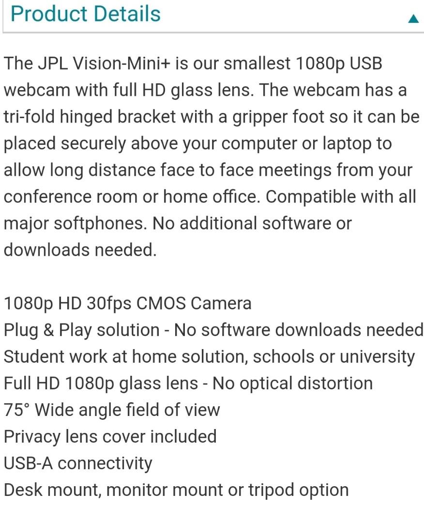 JPL VISION MINI+ USB WEBCAM, Computers & Tech, Parts & Accessories ...