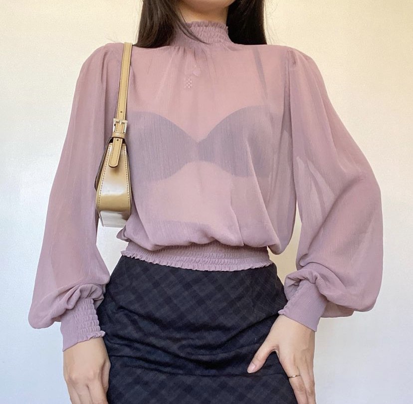 Mauve puff sleeve mesh top //// classy elegant korean minimalist ...