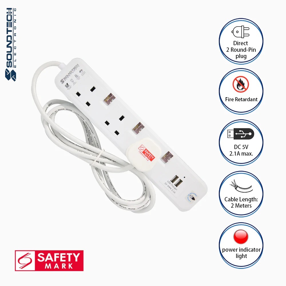 [Sound Teoh] 3 Way Extension Socket with 2 USB Ports, TV & Home ...