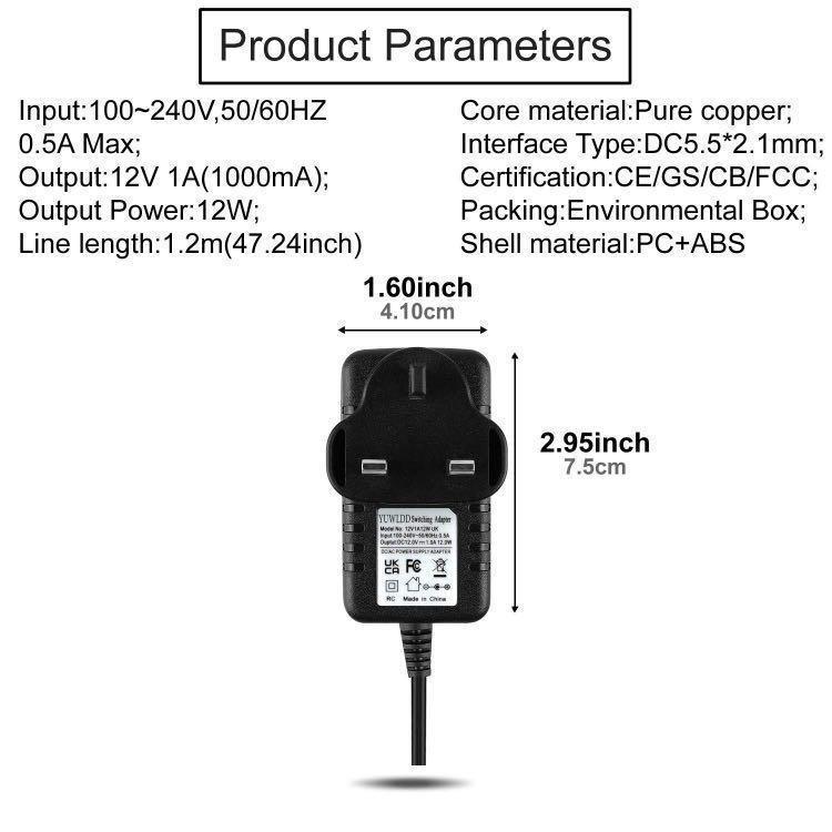 [1040] YUWLDD Power Supply Adapter 12V 1A 12W,Power Plug for 12V Home ...