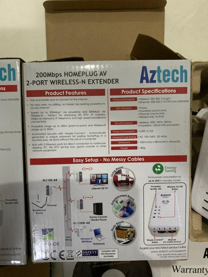 Aztech Homeplug AV Ethernet Adaptor and AV2-port wireless-N-Extender ...