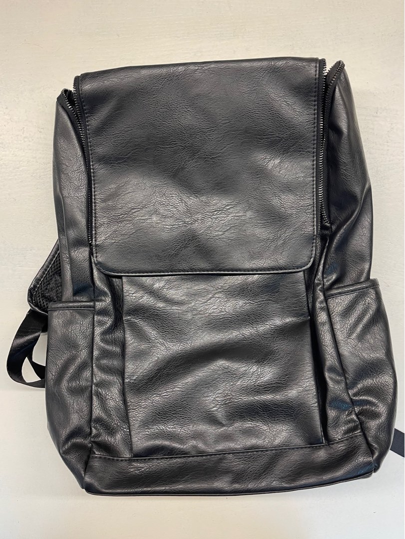 Black faux leather backpack, Men's Fashion, Bags, Backpacks on Carousell