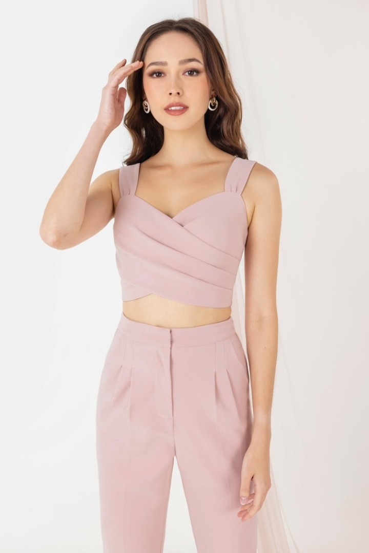 BNWT Lovet Dusty Pink Adalynn Pleat Cross Wrap Top, Women's Fashion ...