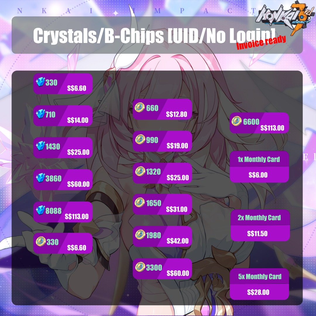 [HI3] | Honkai Impact 3 Crystals and B-Chips Top-Up | Invoice Ready ...