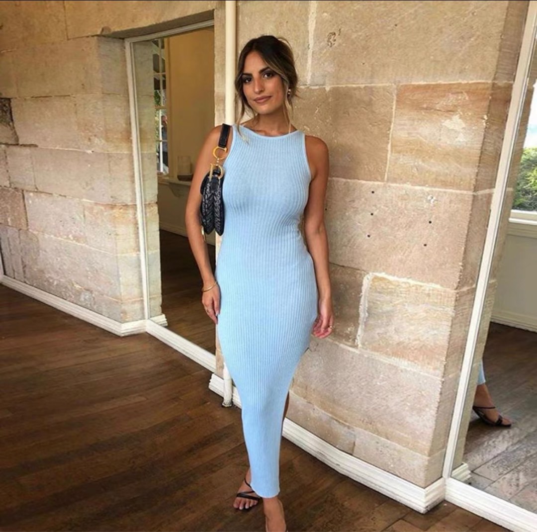 Light Blue Sexy Busty Crossback Maxi Dress With Side Slit 2 Ways