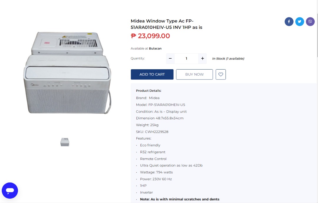 Midea Window Type Ac FP-51ARA010HEIV-U5 INV 1HP as is, TV & Home ...