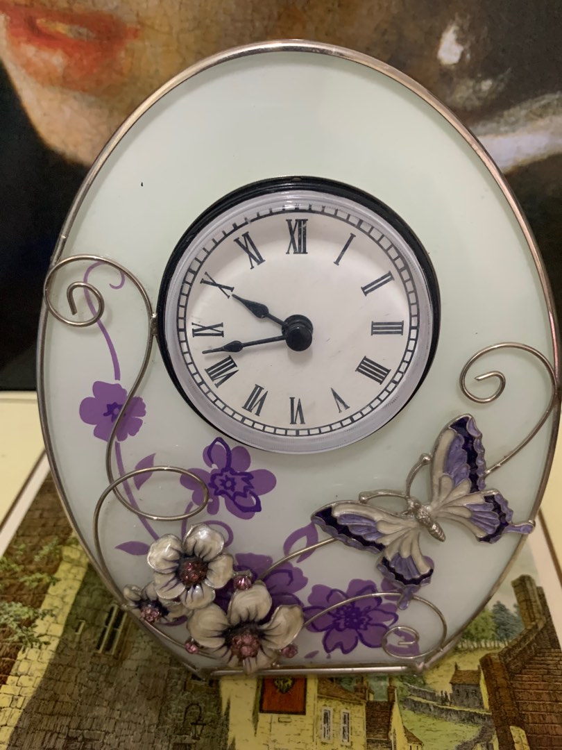 UK Widdop Sophia Purple Butterfly Crystal Glass Clock, Furniture & Home ...