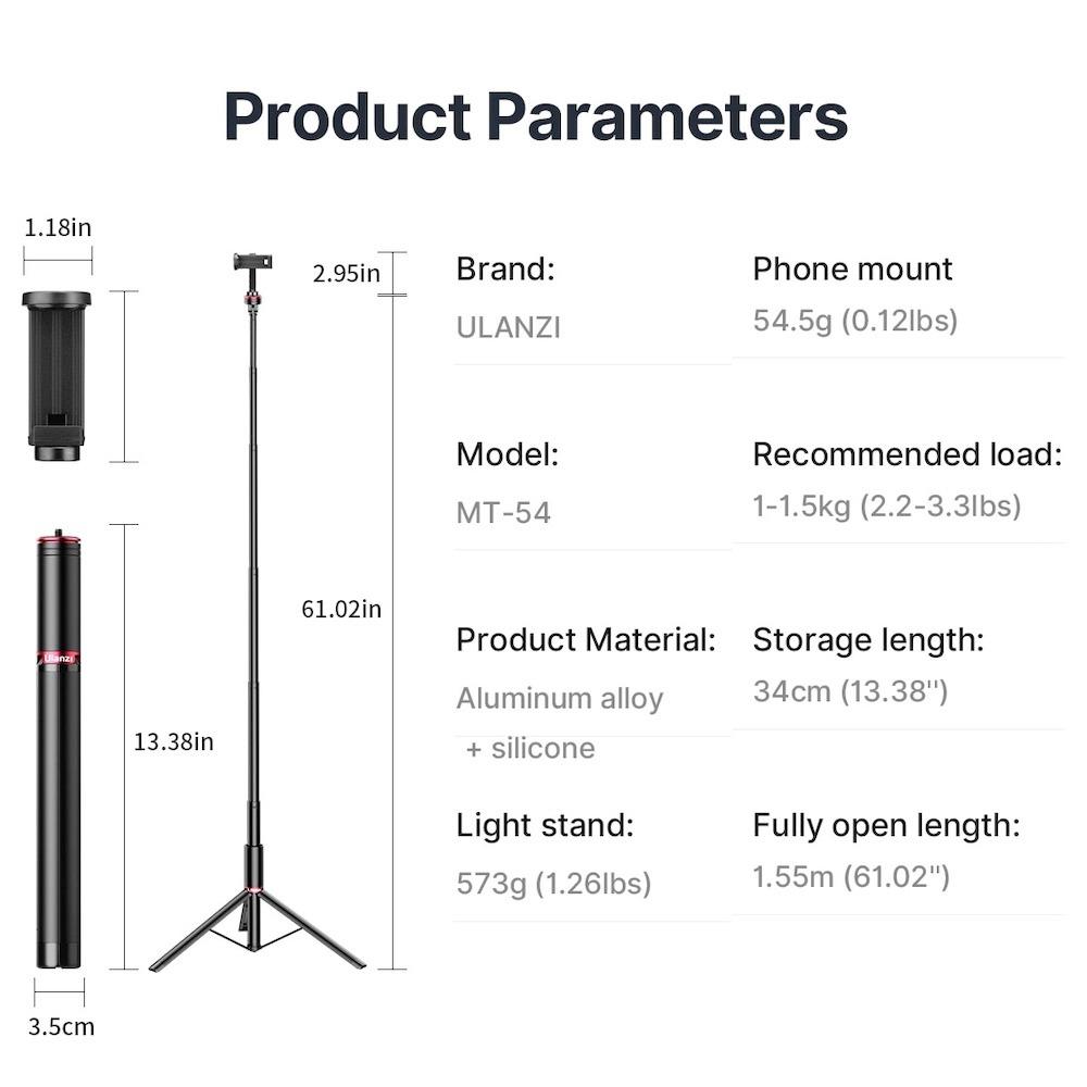 ULANZI MT-54 155cm Metal Tripod Selfie Stick Stand Phone Holder Clip ...