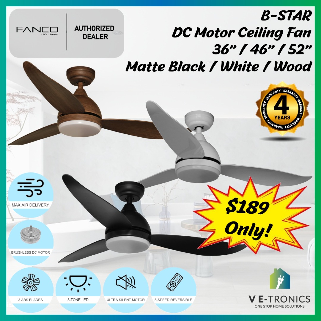 Fanco B Star Ceiling Fan with 3-Tone LED light + Remote Control ...