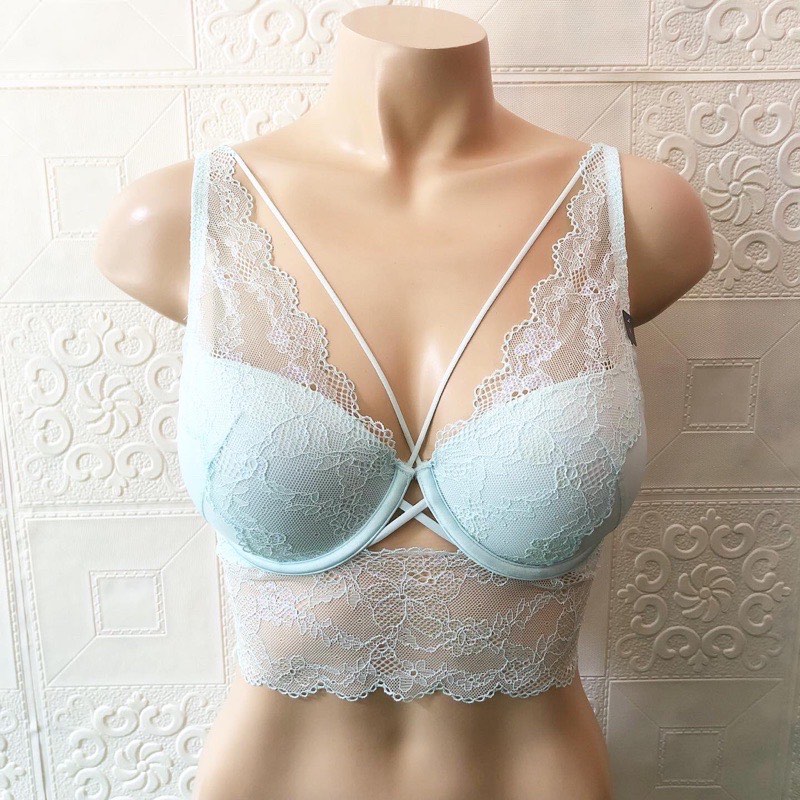 La Senza Mint Bra Bustier Corset Bralette Lace Lingerie Set with Thong, Fesyen Wanita, Pakaian ...