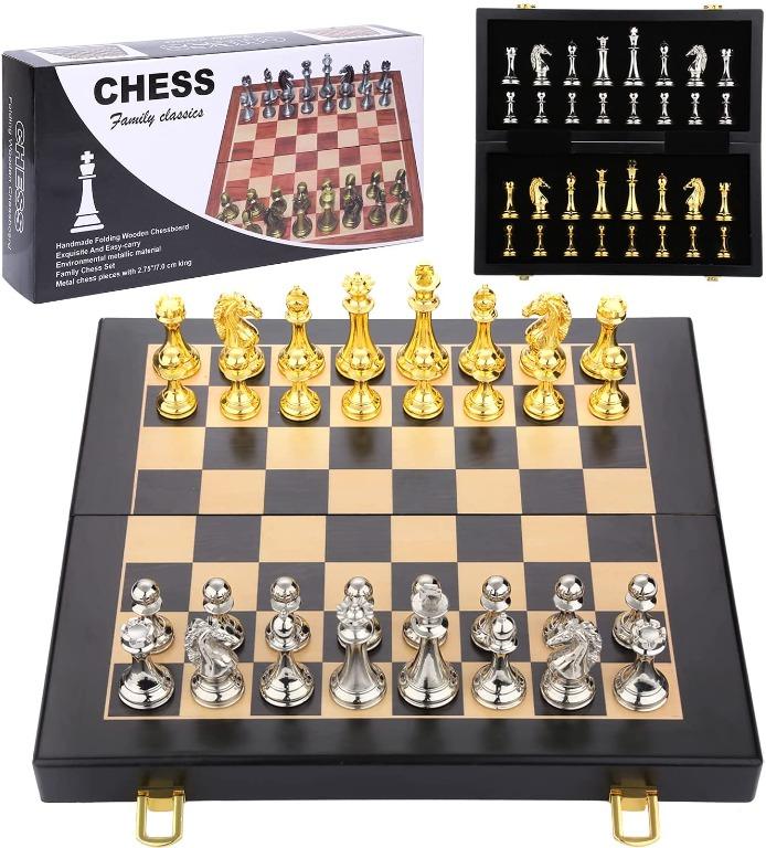 Metal Chess Set - Chess Board Game for Adults and Kids - Wooden Folding ...