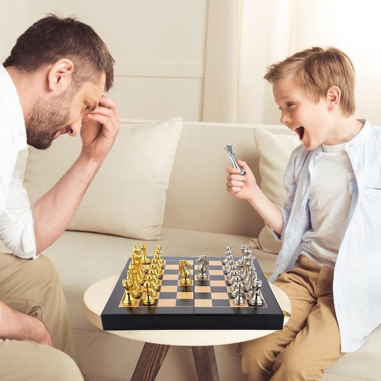 Metal Chess Set - Chess Board Game for Adults and Kids - Wooden Folding ...