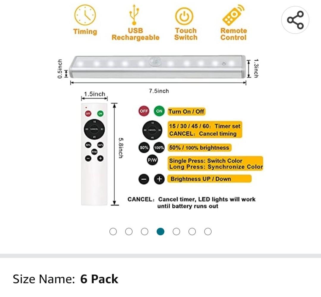 Remote Control Under Cabinet Lighting Wireless 6 Pack, 20-LED Dimmable ...