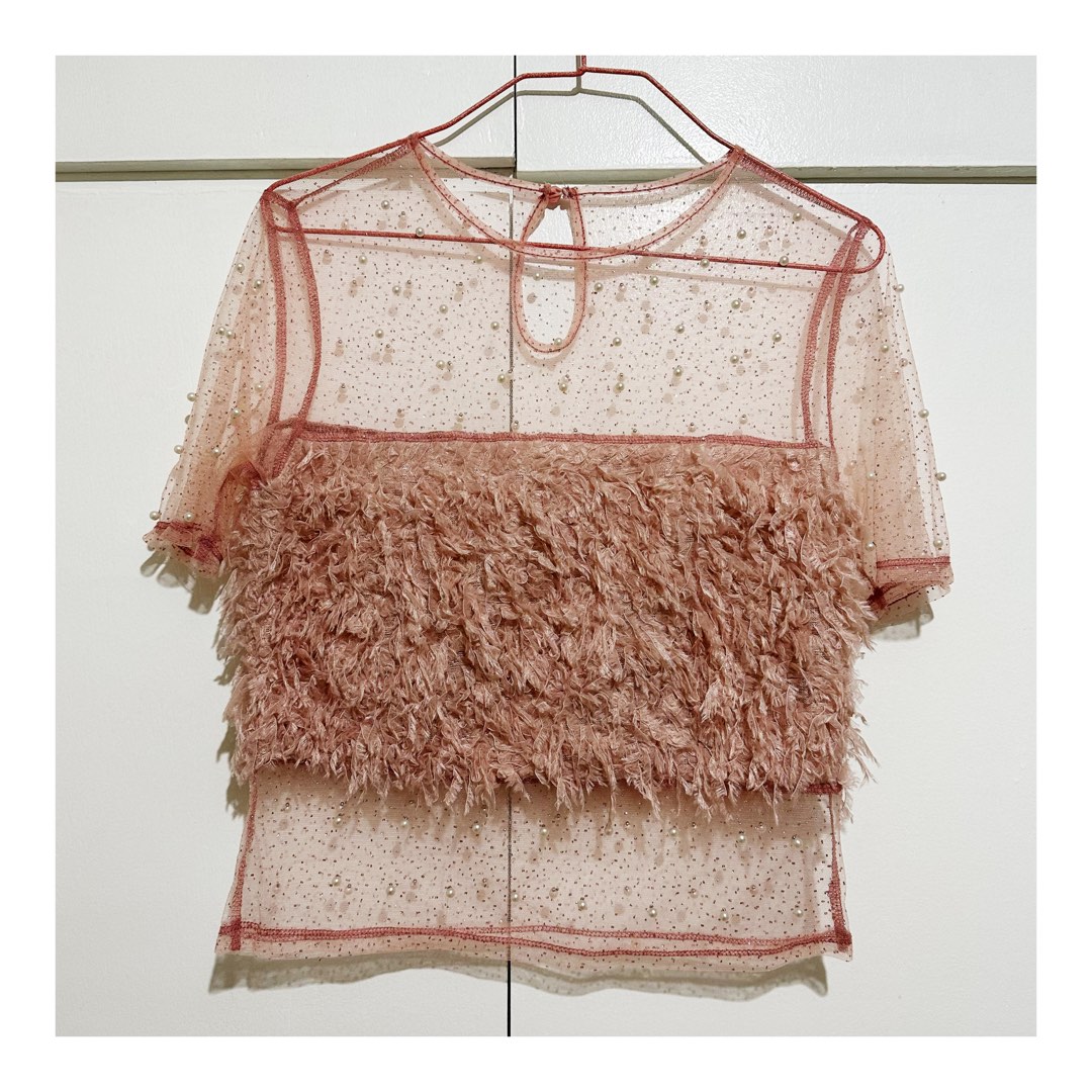 Shein Pink Sheer & Feather Top, Women's Fashion, Tops, Blouses on Carousell