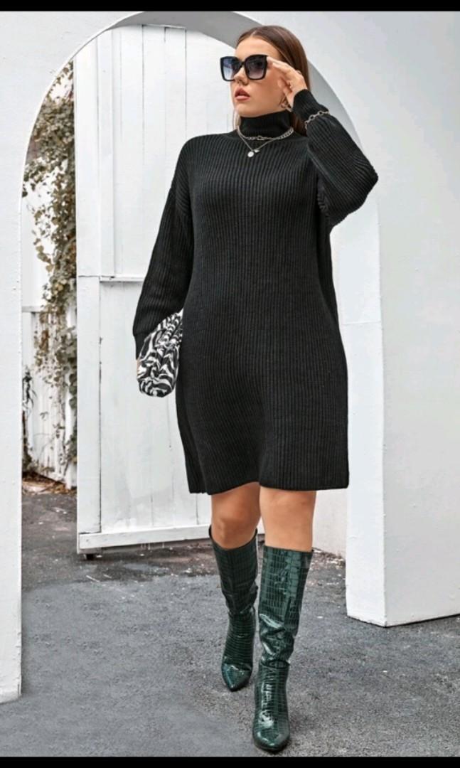 SHIEN Curve Plus Size black winter dress, Women's Fashion, Dresses ...