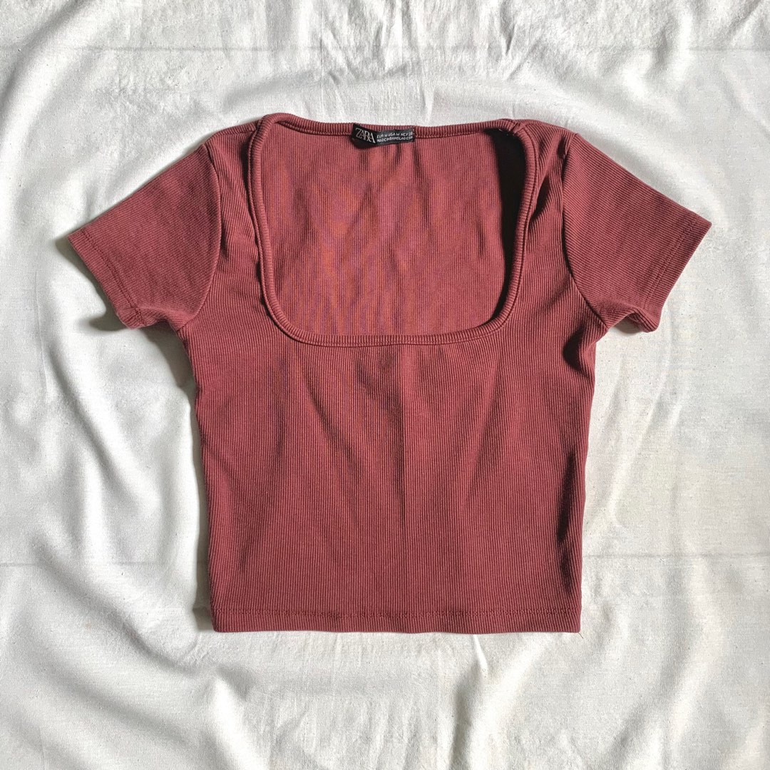 zara ribbed knit square neck crop top (mauve), Women's Fashion, Tops ...
