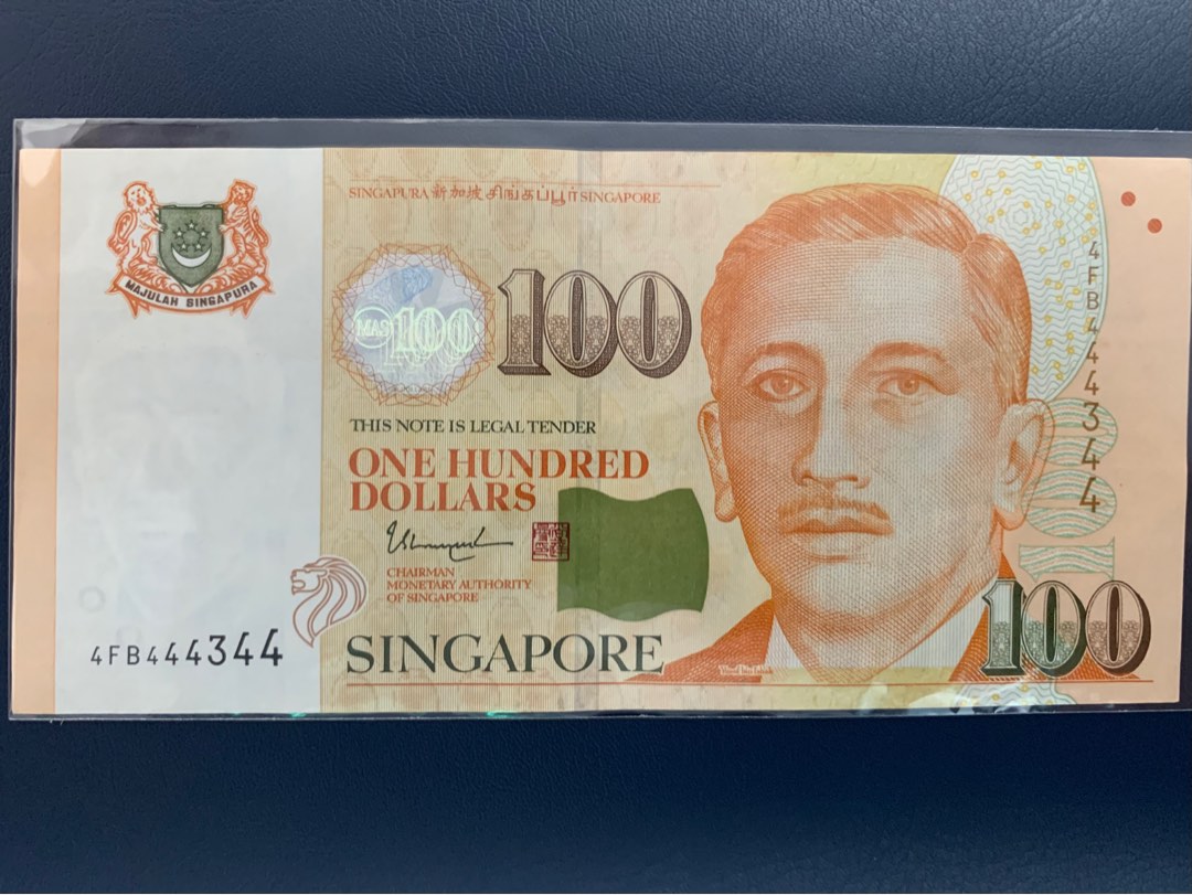 4FB 444344 Almost solid number. Singapore Portrait Series $100 Note ...