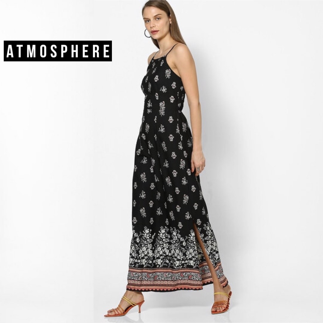Atmosphere Black Floral Tribal Boho Long Maxi Dress Sexy Cross Low Back ...