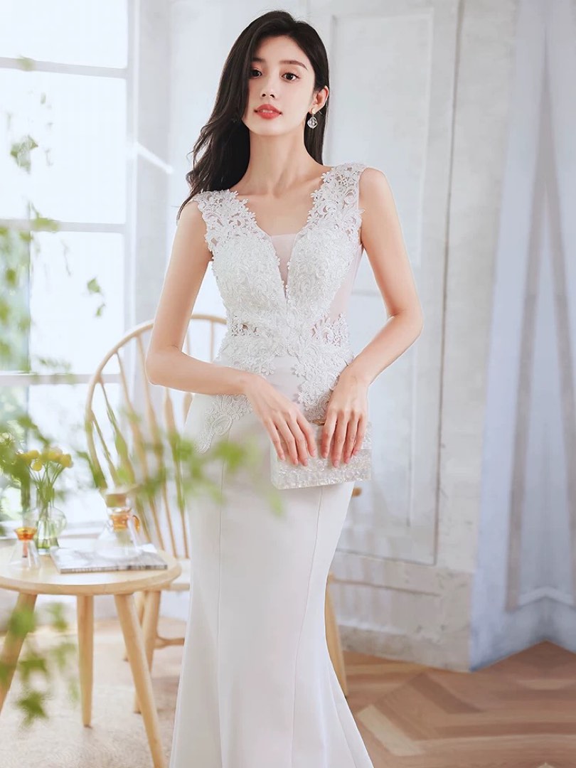 (Can customise) Premium white lace mesh back elegant evening gown prom dress wedding dress ...