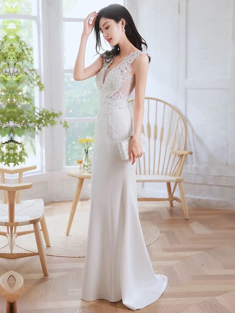 (Can customise) Premium white lace mesh back elegant evening gown prom dress wedding dress ...