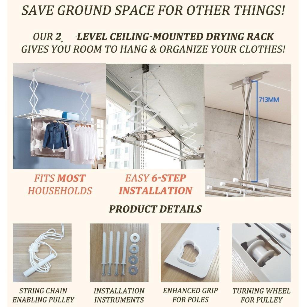 Ceiling Mounted String Chain Laundry Drying Rack 713mm - Poles length ...