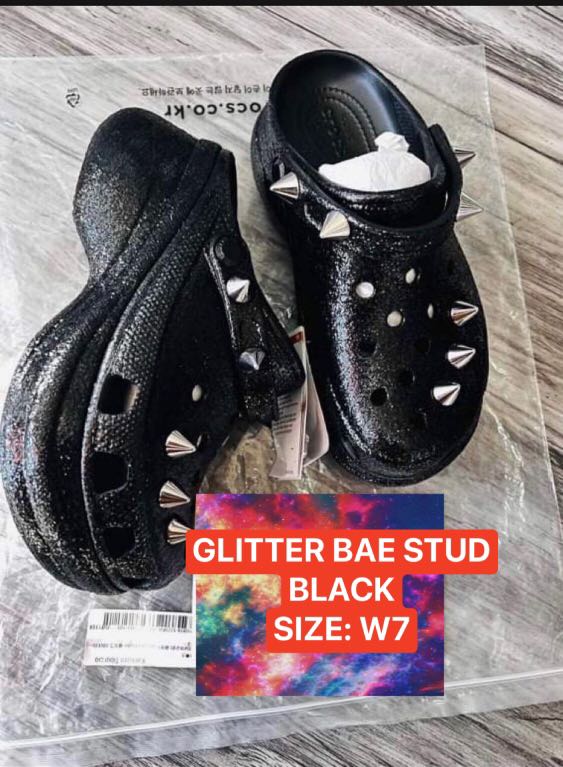 CROCS GLITTER BAE STUD BLACK W7, Women's Fashion, Footwear, Slippers ...
