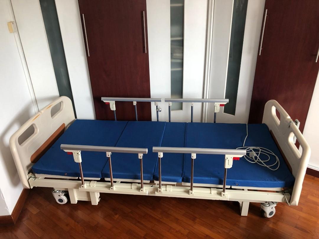 Hospital bed with 4 side railings and remote control, Furniture & Home ...