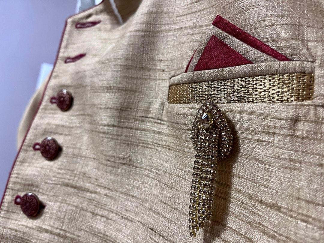 Luxury Gold Shirvani Set, Women's Fashion, Dresses & Sets, Traditional ...