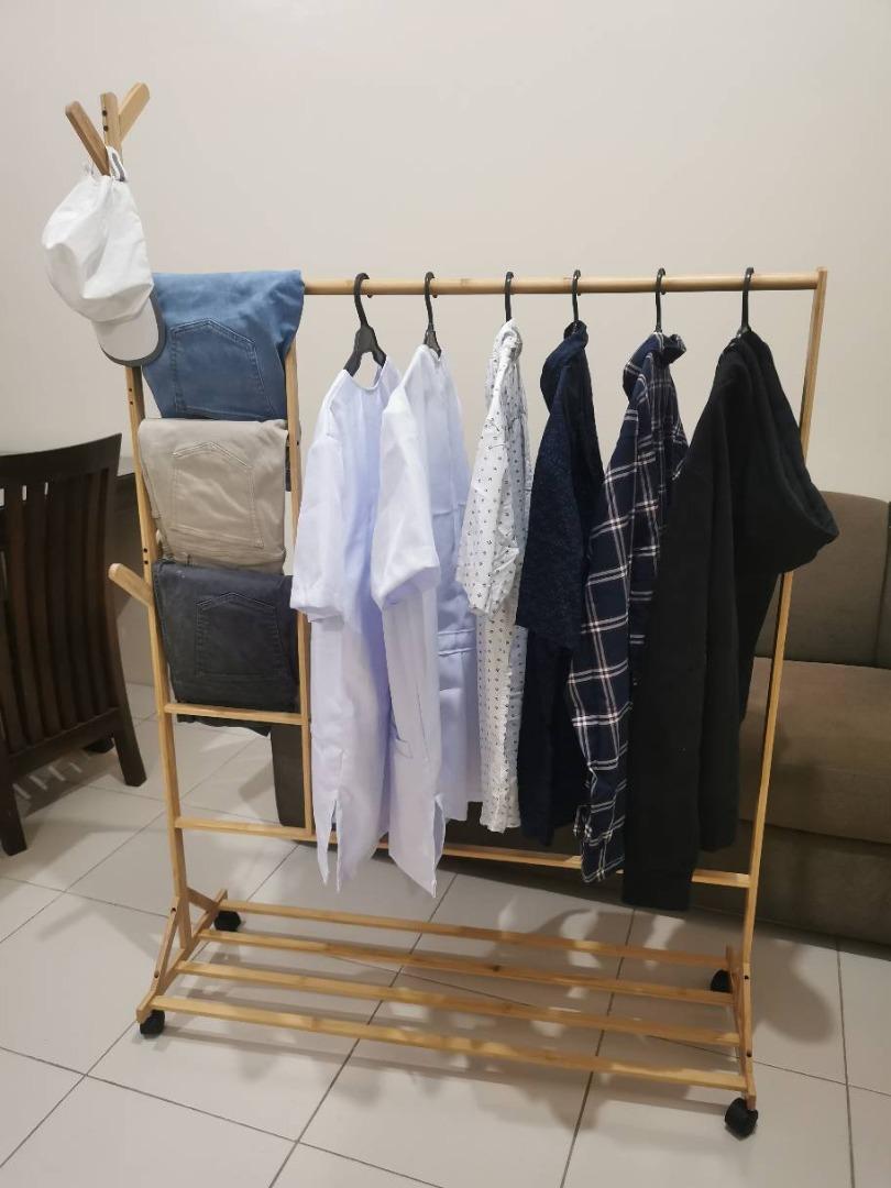 Minimalist & Aesthetic Wooden Hanger Rack with Pants Ladder (Clothes ...