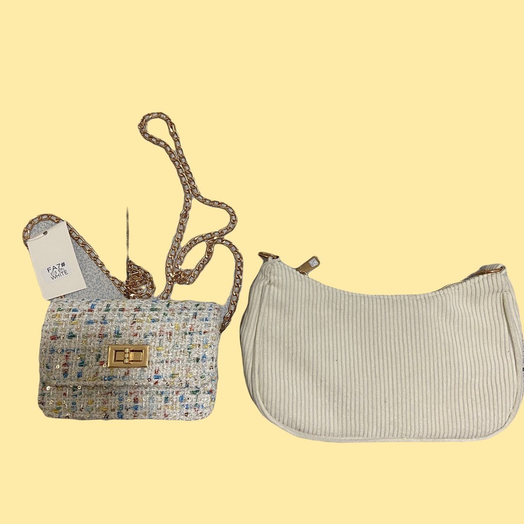 SOLD AS SET tweed micro bag & white corduroy soft bag, Women's Fashion ...