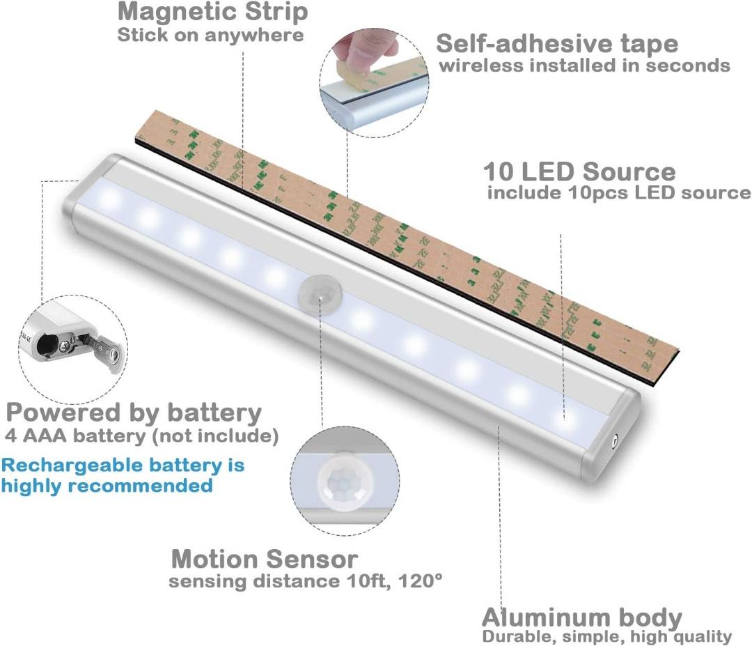 2 Packs Motion Sensor Closet Lights, 10 Led Battery Powered Lights Led ...