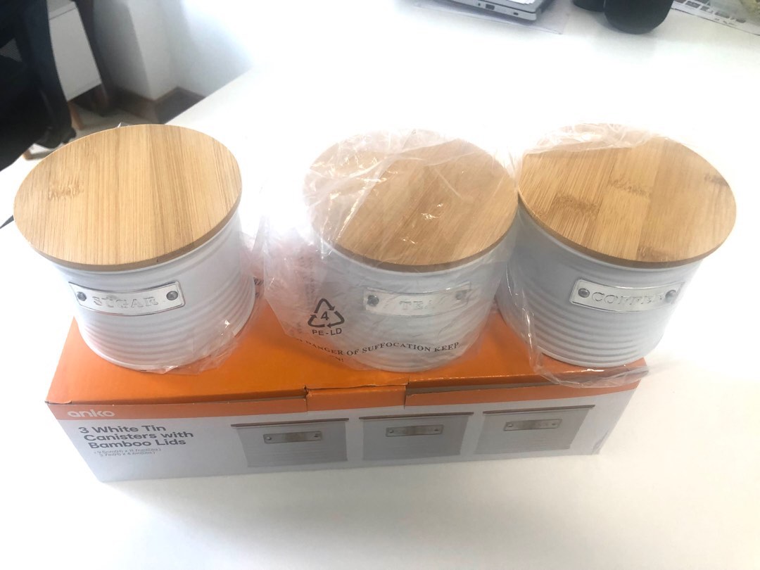 3 white tin canisters with bamboo lids, sells cheap. Brand new ...